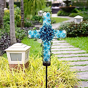 COOZZYHOUR Solar Cross Garden Lights Outdoor Decorative - Solar Metal&Glass Cross Blue Hydrangea Flower Stake Lights- Waterproof 20 Warm White LED for Remembrance Gifts