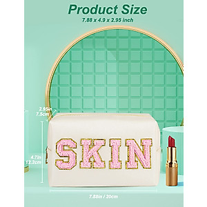 besharppin Preppy Makeup Bag, Synthetic Leather Patch Cosmetic Bag with SKIN Chenille Letter for Travel, Gift for Girlfriend or Wife, Present for Girls, Daughter, Sister and Mother