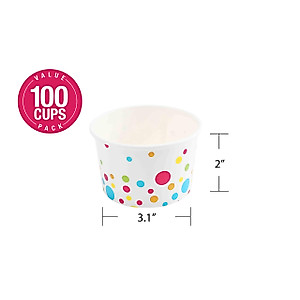 GSM Brands Paper Ice Cream Cups (Polka Dots Design) - 100-Count - 8 oz Disposable Dessert Bowls for Hot or Cold Food, 8-Ounce Party Supplies Treat Cups for Sundae, Frozen Yogurt, Soup, White