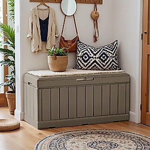 YESHOMY Storage Chest, Entryway Resin Shoe Bench with Hydraulic Bracket Flip Lid, Side Holder, Supports 450 lbs for Bedroom, Living Room, Lockable, Coffee