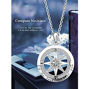 S925 Sterling Silver Compass Necklaces for Women Teen Girls I'd be Lost without You 5A Cubic Zirconia 18K White Gold Plated Jewelry