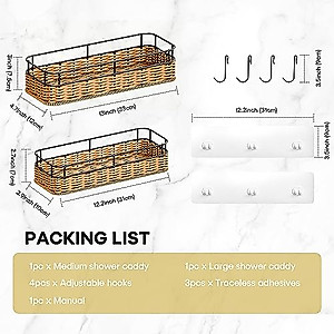 Gusio Shower Caddy Bathroom Organizer and Storage, Hand-made Woven Shower Shelves for Inside Shower Bathroom Decor, Self Adhesive Shower Holder Accessories for Farmhouse Wall RV Apartment Essential