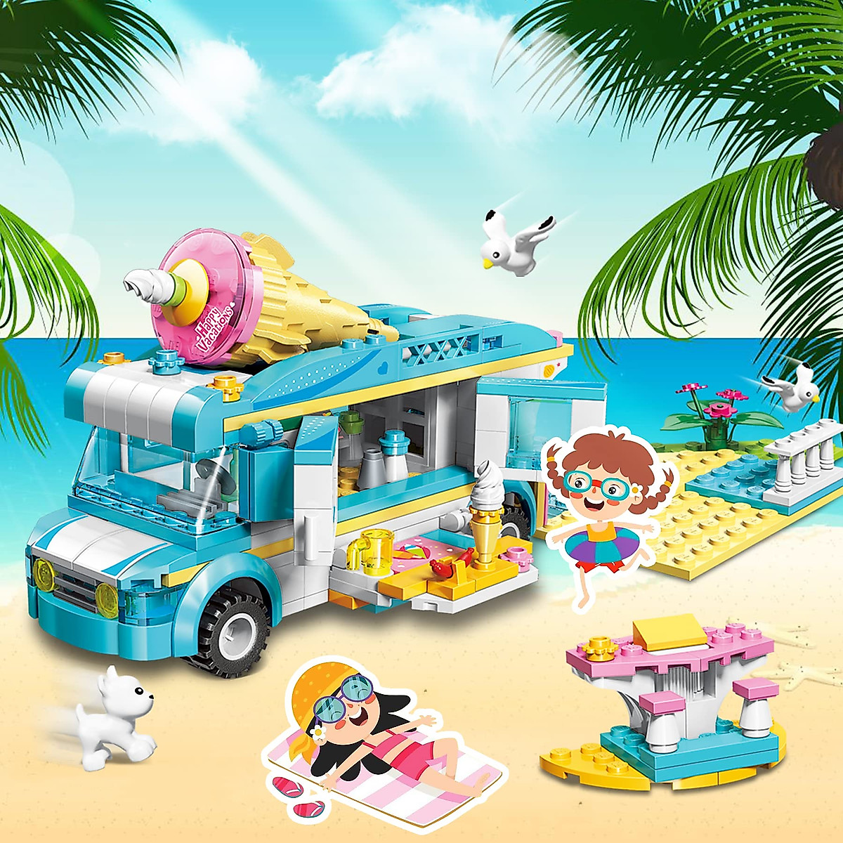 Friends Vacation Tour Building Kit Featuring Beach House, City Ice-Cream Truck, Yacht and Animal Toys, Creative Building Blocks Roleplay Christmas Birthday Gifts for Kids Girls Aged 6-12 (948 Pieces)