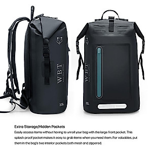 Water Bear Tactical Waterproof Backpack: Black 35L Rugged Roll-Top Closure with Waterproof Zipper front pocket and Cushioned Padded Back.