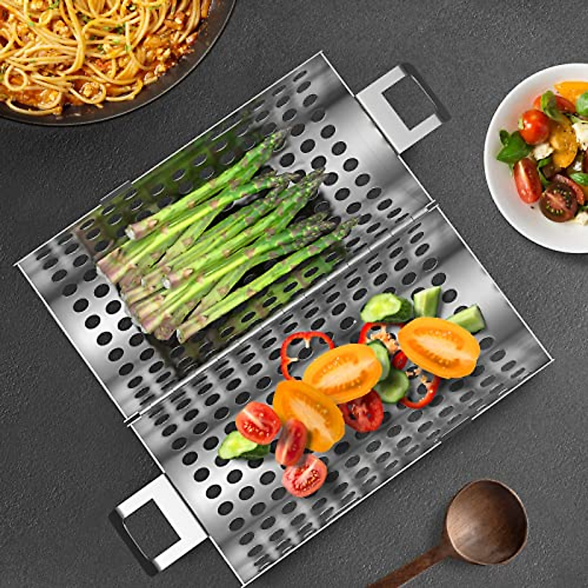 KEESHA BBQ Roller Grill Basket Vegetables & Fish Grill Basket - BBQ Grill Cooking Accessories for Outdoor Grill for Smokers / Pellet Grills / Charcoal Grills / Gas Grills - Perfect Grilling Gifts for Men, Stainless Steel