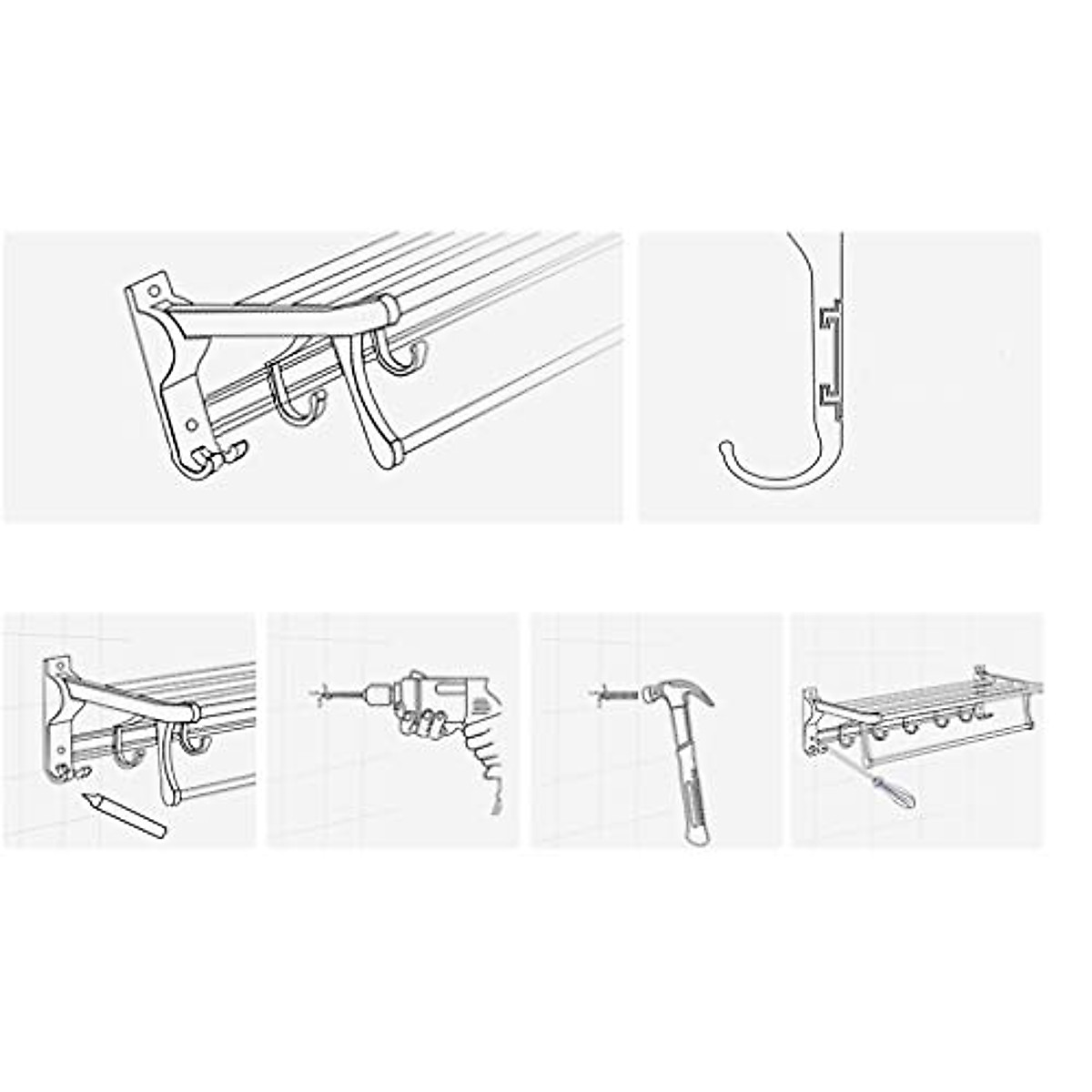 Double Towel Bar with Two Hooks Wall Hanger, Wall Mount, Bathroom Necessaries Holder Rack, Space Aluminum Towel Rail, Black (Size : L 60CM)