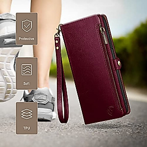 XcaseBar for Samsung Galaxy S23 5G Wallet case with Zipper Credit Card Holder 【RFID Blocking】, Flip Folio Book PU Leather Phone case Shockproof Cover Women Men for Samsung S23 case Wine Red