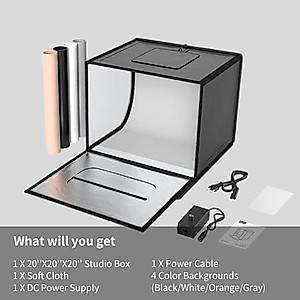 RALENO® 20''X20'' Photo Studio Light Box, Portable Dimmable Shooting Tent Kit with 120 LED Lights(5500K, 92 CRI) Includes 4 PVC Anti-Dust Backgrounds (Black, Grey, Orange, White)