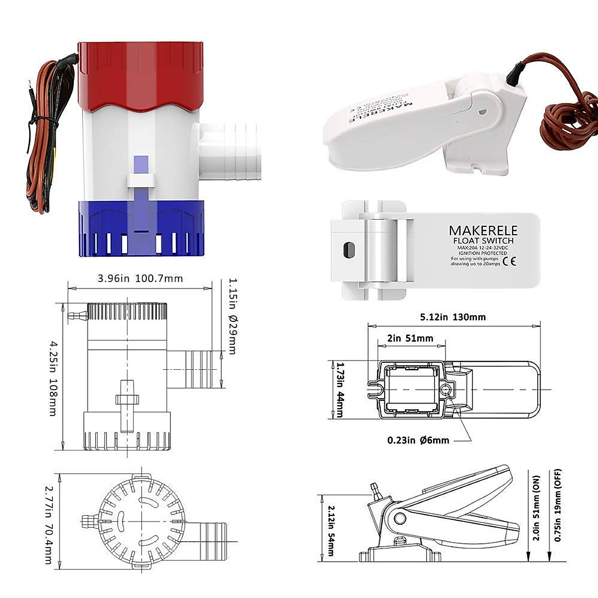 MAKERELE Submersible Boat Bilge Water Pump 12V 1100GPH with Automatic Boat Bilge Pump Float Switch 12V 24V 32V