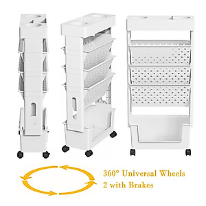 POBOMULI 5-Tier Bookshelf, Book Storage Organization with Wheels Mobile Rolling Bookshelves Cart for Home Office Kids’ Study Room School, White