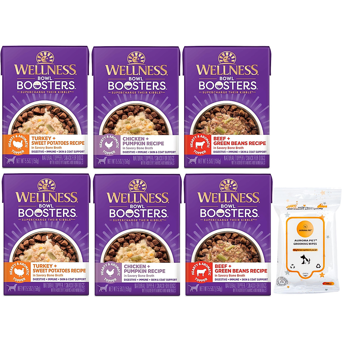 Aurora Pet Variety Pack (6) Wellness Bowl Boosters Hearty Wet Dog Toppers (2) Beef (2) Chicken (2) Turkey (5.5-oz Each) with AuroraPet Wipes