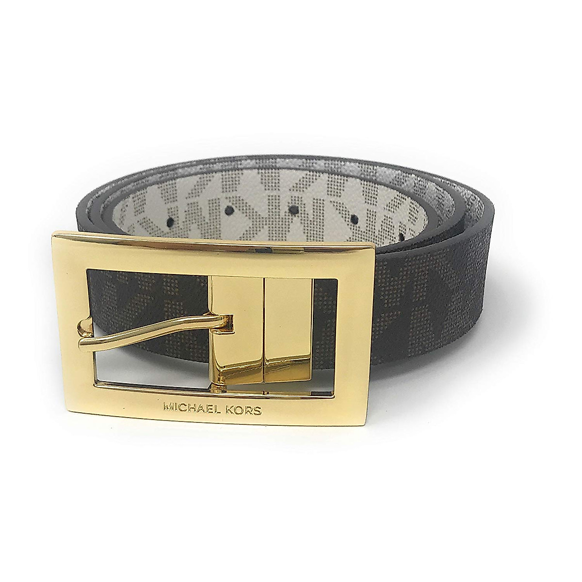 Michael Kors Women's Rectangle Buckle Reversible Brown To Vanilla Logo Belt (XL)