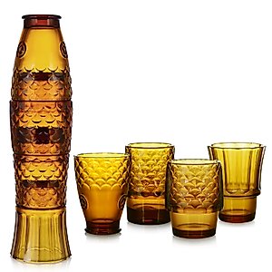 MDLUU Fish Design Tumbler Glasses, Stackable Drinking Glasses, Colored Glass Beverage Cups, Nautical Glassware for Gift, Set of 4 (Amber)