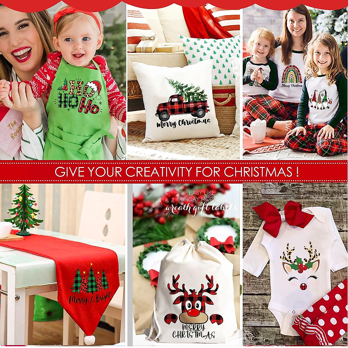 Christmas Iron on Decals for Clothing HTV Heat Transfer Stickers 12pcs Iron on Patches Buffalo Plaid Sticker for Clothes Bag Pillow Covers DIY Decorations (Christmas Red-12pcs)