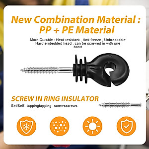 20pcs Electric Fence Insulator, Screw-in Insulator Fence Ring Post with a Insulator Socket Tool Self Tapping Wood Post Ring Insulators for Farm Animal (Black)