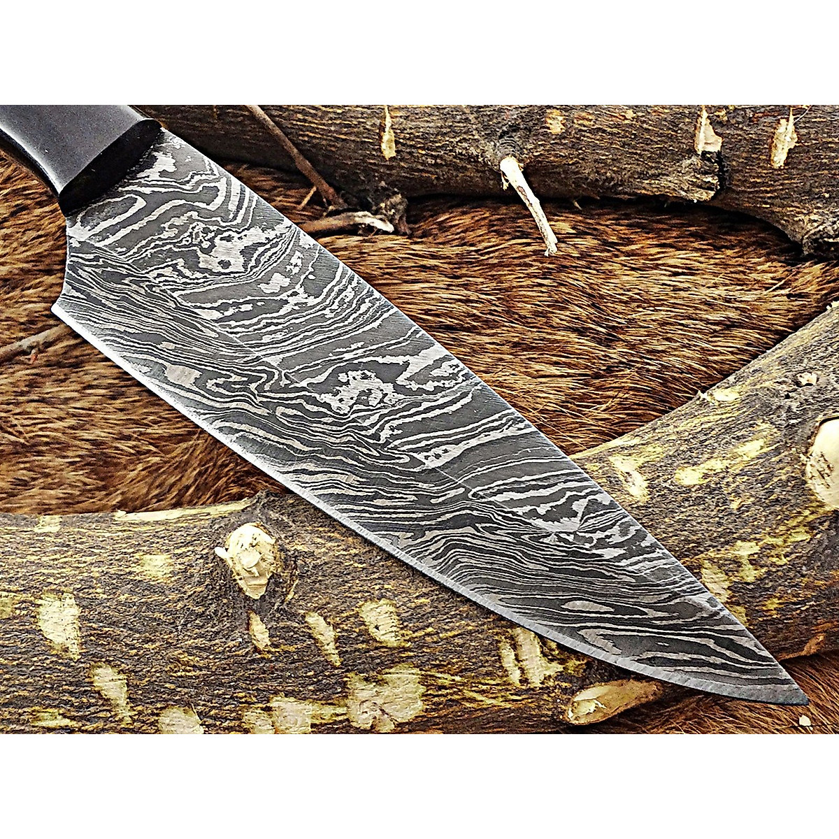 8.5 Inches long custom made Damascus steel hand forged Paring Knife, kitchen knife 4" full tang blade, Natural Buffalo Horn scale inserting hole (Black)