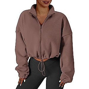 ANRABESS Jacket for Women Full Zip Oversized Fleece Crop Sherpa Coat Long Sleeve Drop Shoulder Stand Collar Drawstring Hem Soft Cozy Thick Trendy Winter Tops Outfits 1097qianzong-L