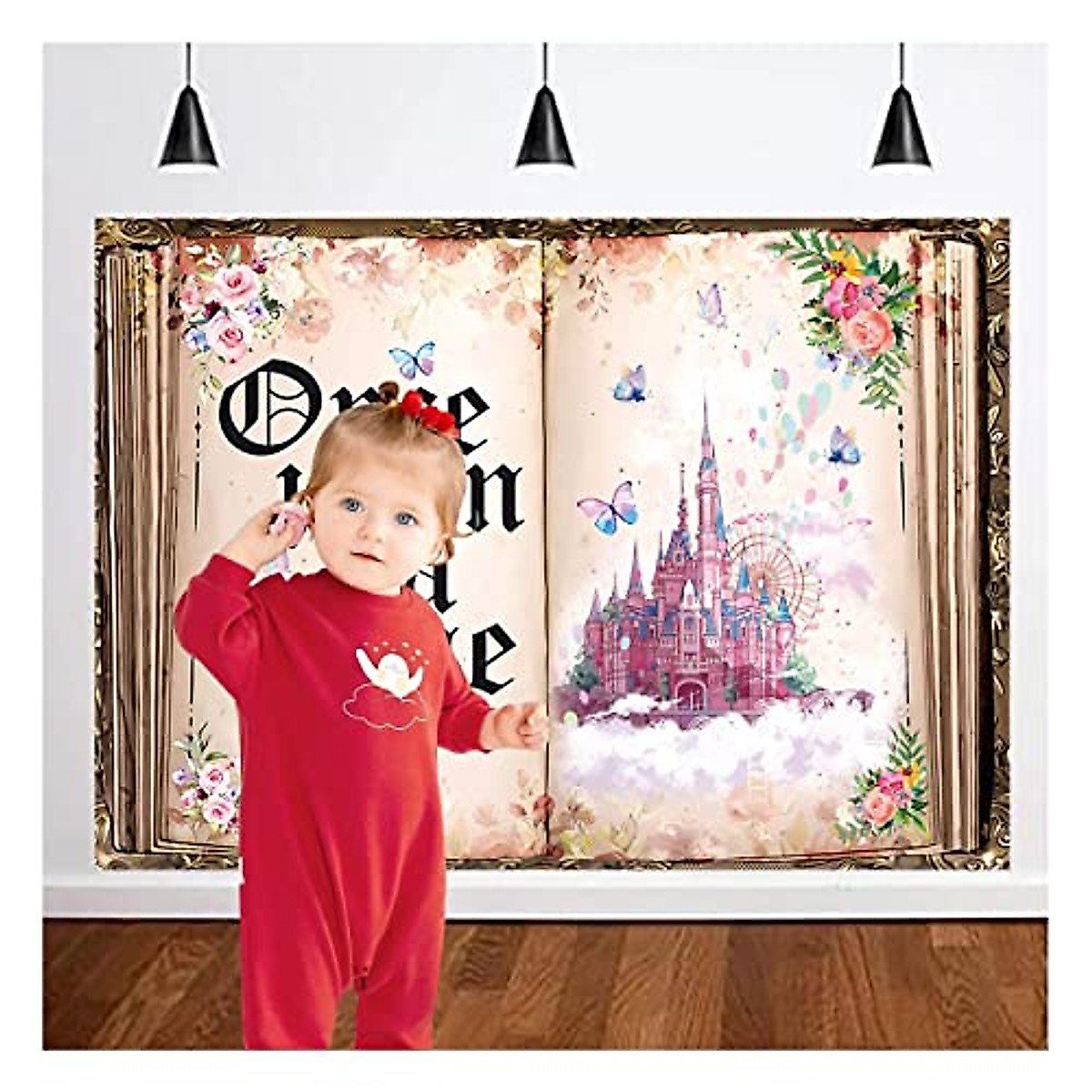 MAQTT Fairytale Book Photography Backdrop 7x5ft Once Upon A Time Backdrop for Girls Birthday Party Decoration Pink Flowers Butterfly and Castal Princess Backdrop for Baby Shower Cake Table Decor