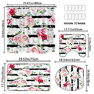 4 Piece Black White Stripes Pink Rose Flower Floral Modern Shower Curtains Sets with Non-Slip Rugs, Toilet Lid Cover and Bath Mat, Bathroom Sets with Shower Curtain and Rugs and Accessories