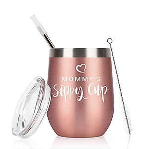 Mommy's Sippy Cup Wine Tumbler with Lid, Mom Birthday Christmas Gifts for Mom New Mom Mother Wife Women Mother's Day Thanksgiving Day, Insulated Stainless Steel Stemless Tumbler (12 Oz, Rose Gold)