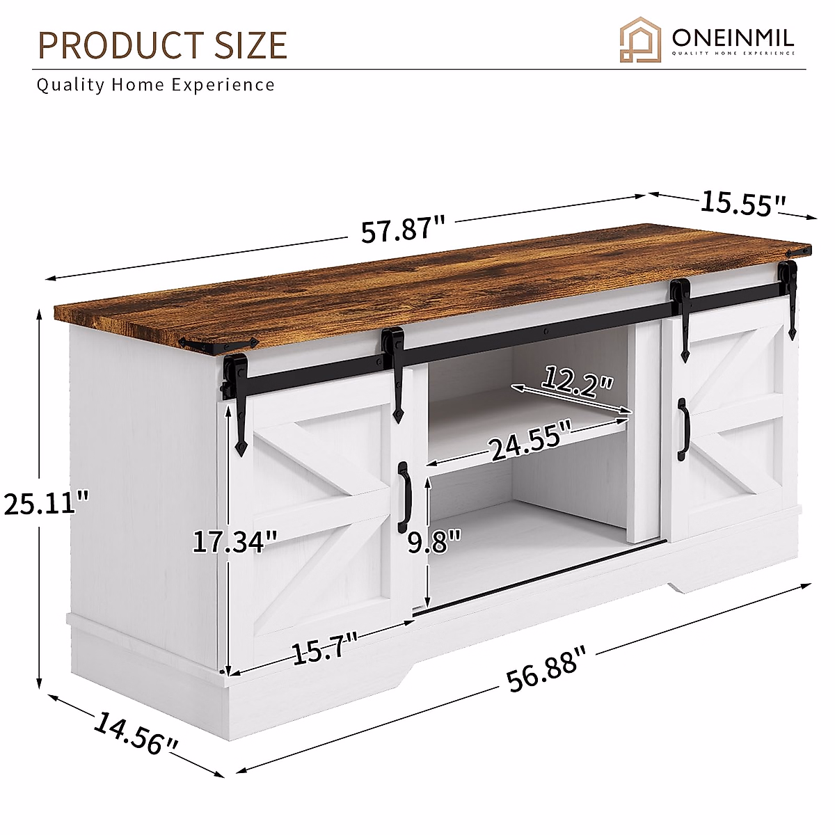 oneinmil 58 Inch Farmhouse TV Stand, Modern Rustic Entertainment Center with Sliding Barn Door and Storage Cabinets, Metal Media TV Console with Shelf for TVs up to 65 Inch in Living Room, White