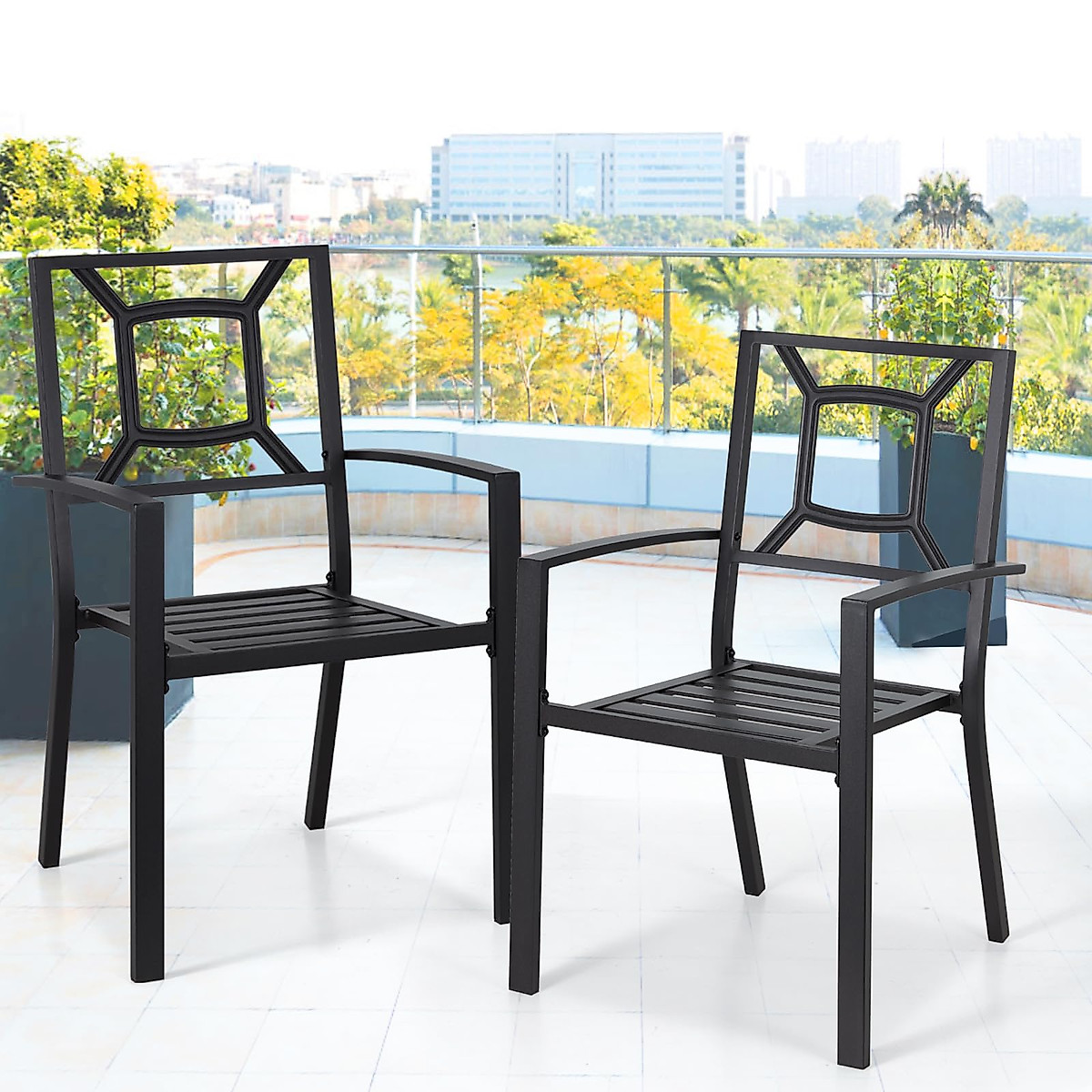AECOJOY Metal Dining Chairs, 2 Pieces Outdoor Patio Dining Chairs with Armrest, Stackable Arm Chairs with Heavy-Duty E-Coating Metal Frame for Balcony, Garden, Set of 2, Black