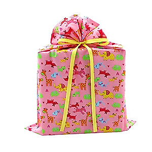 VZWraps Momma and Baby Animals Reusable Fabric Gift Bag for Baby Shower or New Baby Gift (Large 20 Inches Wide by 27 Inches High, Pink)