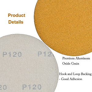 Aiyard 6-Inch No-Hole Hook and Loop Sanding Discs 120-Grit, Random Orbital Sandpaper for Automotive and Woodworking, 100-Pack