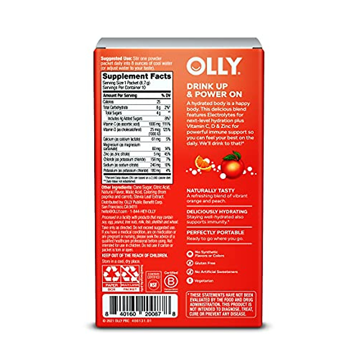 OLLY Immunity + Electrolytes Powder, Immune & Hydration Support, Vitamin C, D, Zinc, Drink Mix, Citrus Peach - 10 Count