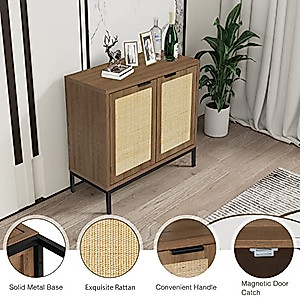 Anmytek Rustic Oak Accent Storage Cabinet with 2 Rattan Doors, Mid Century Natural Wood Sideboard Furniture for Living Room H0045