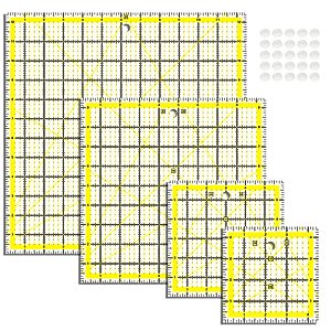 VPVPV 4 Piece Quilting Ruler,Acrylic Square Ruler,Quilting Templates,with Non Slip Rings 25 Pieces（4.5“X4.5”、6“X6”、9.5“X9.5”、12.5“X12.5”） (Yellow)