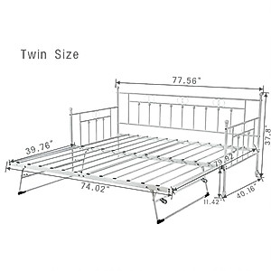 FULLJOJOR Twin Day Bed with Trundle Bed Twin, Metal Daybed with Trundle, Daybed with Pop Up Trundle Bed Frame, Steel Slat Support Sofa Bed for Kids Teens Adults, No Box Spring Needed