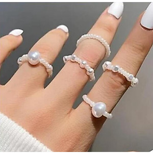 LARVOVUE 4 pcs White Pearl Adjustable Rings for Women and Handmade Stacking Stackable Beaded Rings (4 pcs White Pearl)