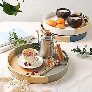 Kiwi Homie 13.78" Dia Spun Bamboo Serving Tray, Round Tray with Handles, Round Ottoman Tray, Semi White for Coffee Table, Serving Food on Home Dining Table, Restaurant (White)