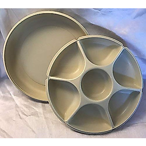 2 pc Vintage Tupperware 13.5" Veggie Dip Taco Divided Covered Party Tray Almond 1655 Holiday Appetizer ~ 7 Compartments