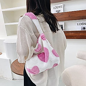 QWDLID Plush Tote Bags Fluffy Pink Hearts Pattern Print Shoulder Satchel Fashion Faux Fur Handbag Women Plush Shoulder Bag Crossbody Handbags Casual Soft Crossbody Purse for Shopping Traveling
