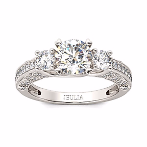 Jeulia Milgrain Three Stone Round Cut Sterling Silver Ring for Women Bride Girlfriend Wife Birthday Gift With Jewelry Box (7.5)