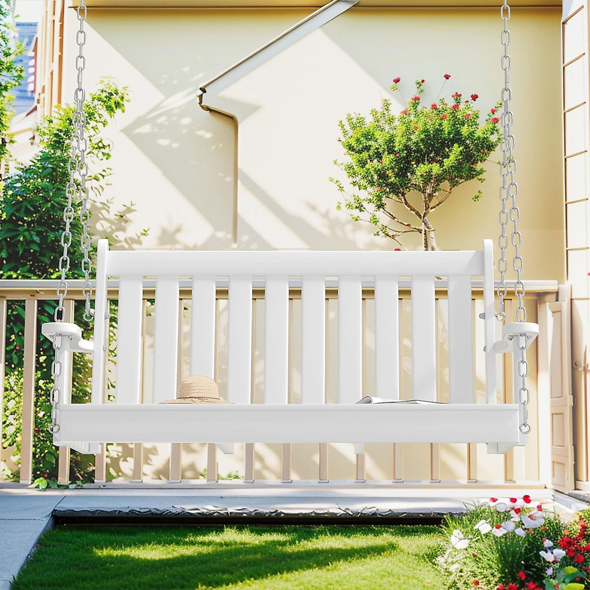 SUNLEI Patio Porch Swing, 2-Seated Bench Swing with Hanging Chains and Cozy Armrests, 45in Wooden Hanging Swing Chair for Outdoor Garden Courtyard, White