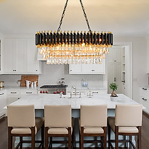 AKDXIRUN Modern Crystal Chandeliers for Dining Room 8-Light Black and Gold Chandelier Living Room Oval Contemporary Ceiling Hanging Light Pendant Light Fixture for Kitchen Island Bar L32 inch