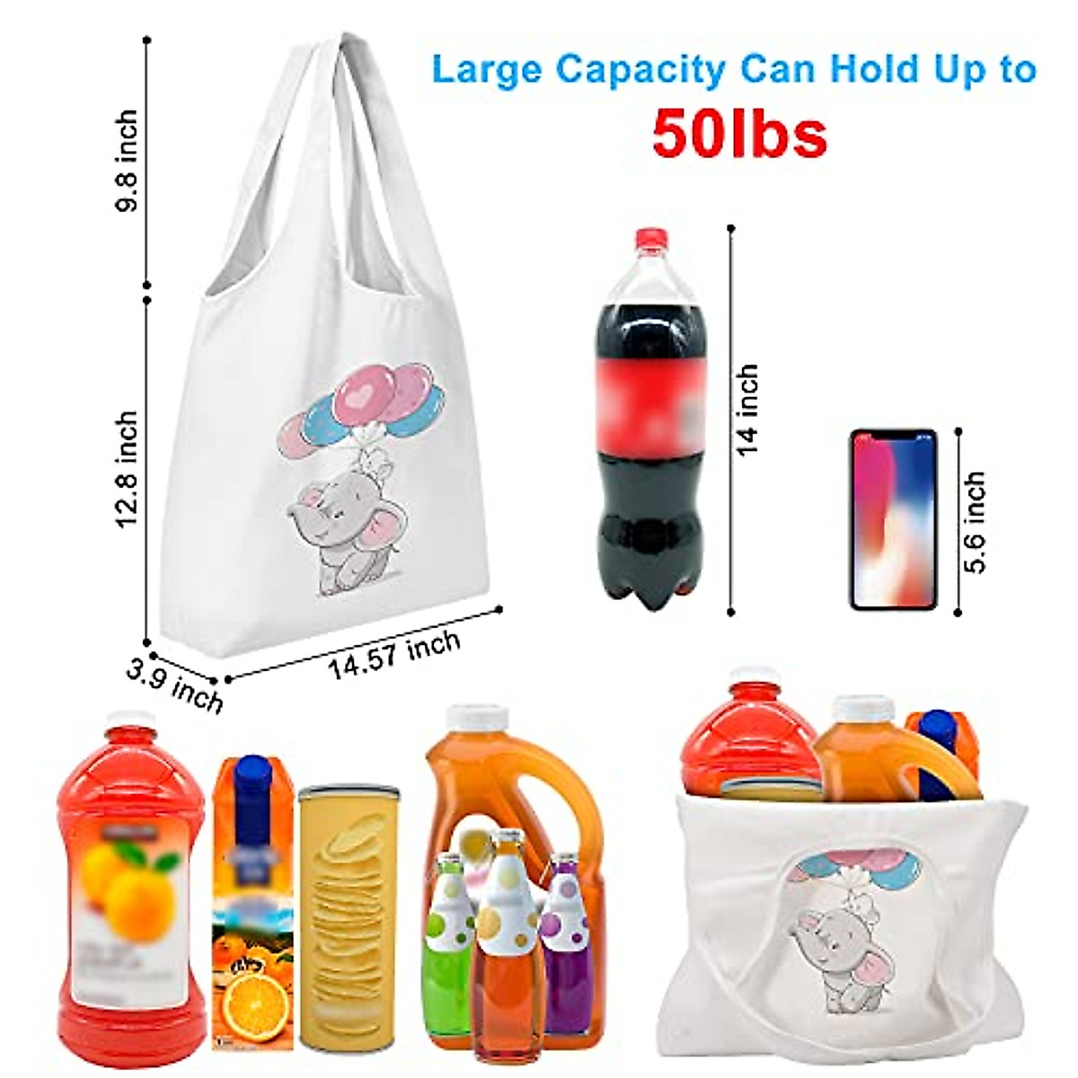 CGBE Canvas Tote Bags, Reusable Grocery Bags with Inner Pockets, Cute Tote Bag Cloth Aesthetic Shopping Bags for Women Large Capacity Machine Washable (Elephant)