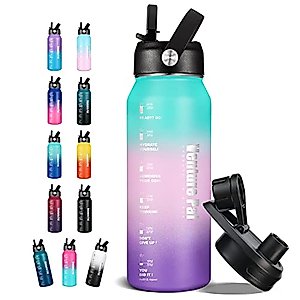 Venture Pal Insulated Water Bottle, 32oz Leak-Proof Vacuum Thermos with Strainer, Straw & Spout Lid for Sports