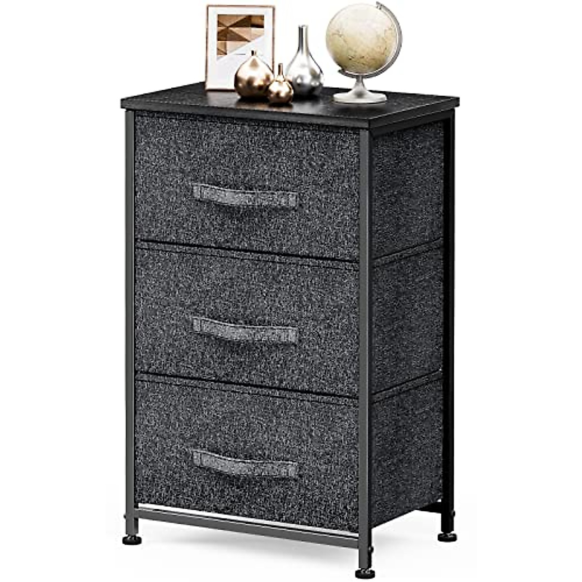 Pipishell Fabric Dresser, 3 Drawers Nightstand, Vertical Storage Drawer with Sturdy Steel Frame Wood Top, Small Dresser for Closet, Bedroom, Nursery Room (Black)