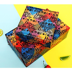 BOLIANNE Birthday Wrapping Paper for Women Men with Cut Lines - Birthday Gift Wrap with Happy Birthday Lettering for Boys Girls Kids - 3 Large Sheets, 27 X 39.4 Inch