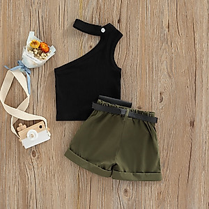 Adobabirl Toddler Baby Girl Summer Outfits Sleeveless Ribbed Halter Top and Shorts Set Kids Fashion Clothes with Belt (Shorts Set with Wasit Bag- Pink,3-4T)