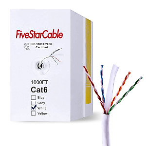 Five Star Cable Cat6 23AWG 1000 Ft UTP Bulk LAN Internet PVC Wire 4 Twisted Pair Category 6 Ethernet White Color Cable