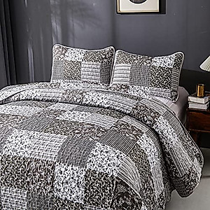 Mybedsoul Grey Boho Quilt Set King Size,3 Pieces Plaid Floral Bedspread Coverlet Set for All Season,Patchwork Reversible Bedding Set King 90"x104"