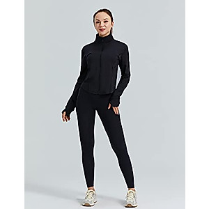 SEDOCU Women Workout Running Track Jacket Full Zip up Slim Fit Yoga Sports Athletic Jacket with Thumb Holes Black