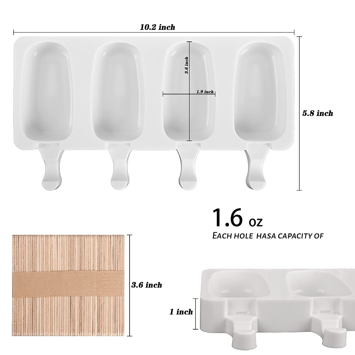Sakolla 3 Pack Large Popsicle Molds 4 Cavities Cake Pop Silicone Molds Oval Ice Cream Cakesicle Molds for Chocolate Baking with 100 Wooden Sticks