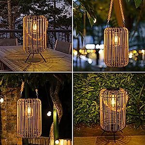 Livinlarge Solar Lantern Outdoor Waterproof, Large Solar Rattan Lantern Outdoor Hanging with Handle, Bright Solar Outdoor Lights with Edison Bulb for Garden Patio Yard Tabletop Decoration