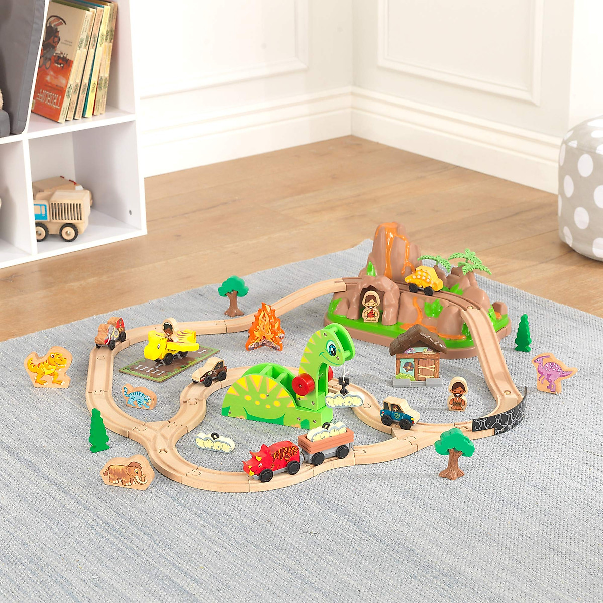 KidKraft Dinosaur Bucket Top Portable Wooden Train Set with 56 Pieces and 9 Feet of Track, Gift for Ages 3+